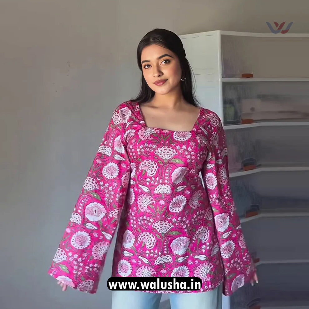 Pink Floral Printed Elegant Square Neck Short Kurti – Walusha