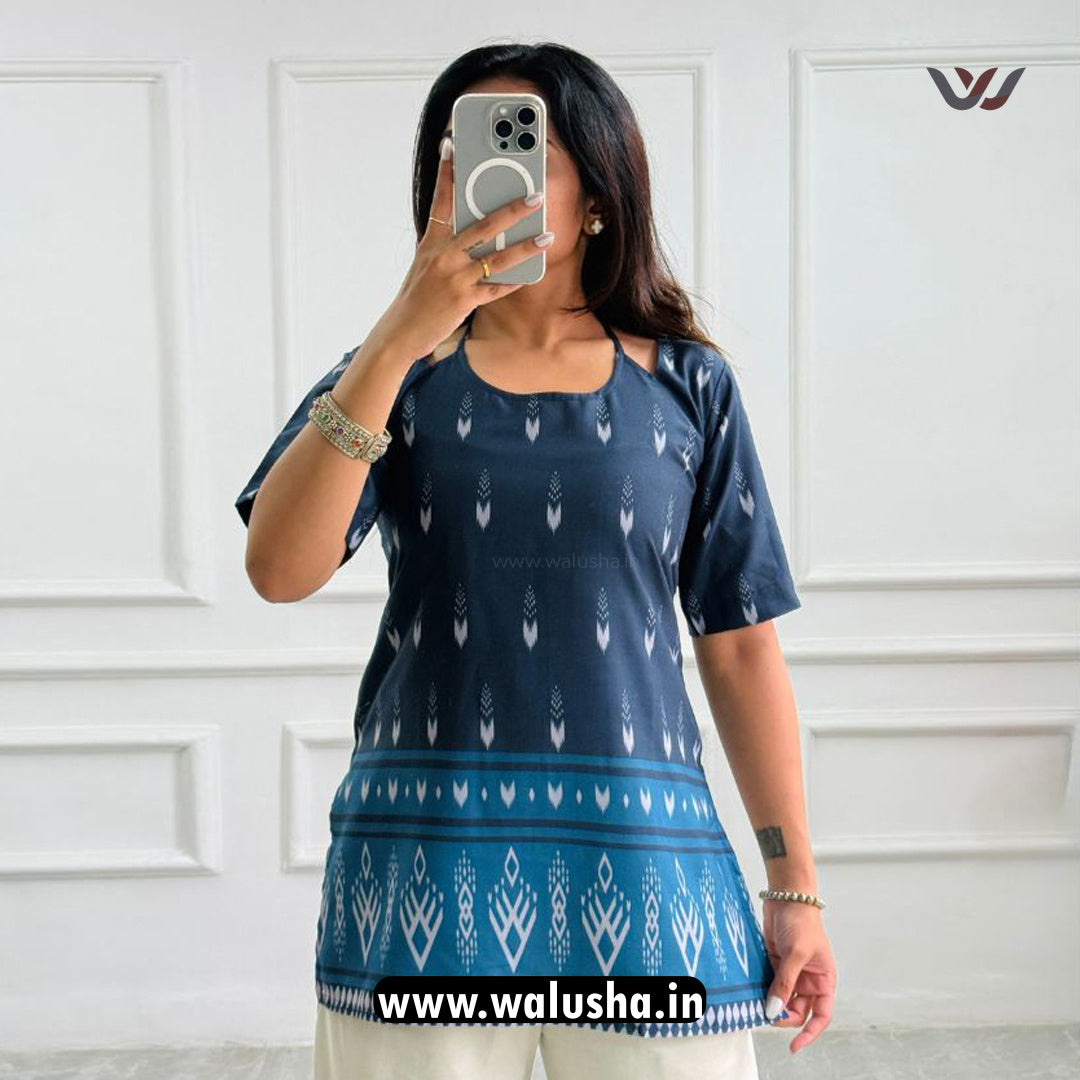 Indigo Ikat Charm Printed Corset Back Short Kurti – Walusha